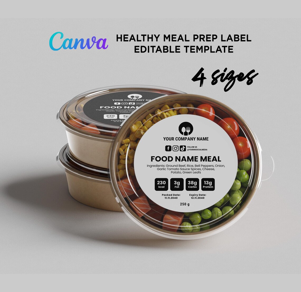 Editable Meal Container Label: Healthy Protein, Calorie Label (canva ...