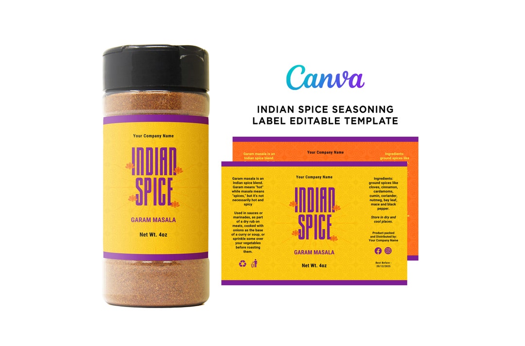 Indian Spice Label, Indian Seasoning Label, Garam Masala Spice, 4oz ...