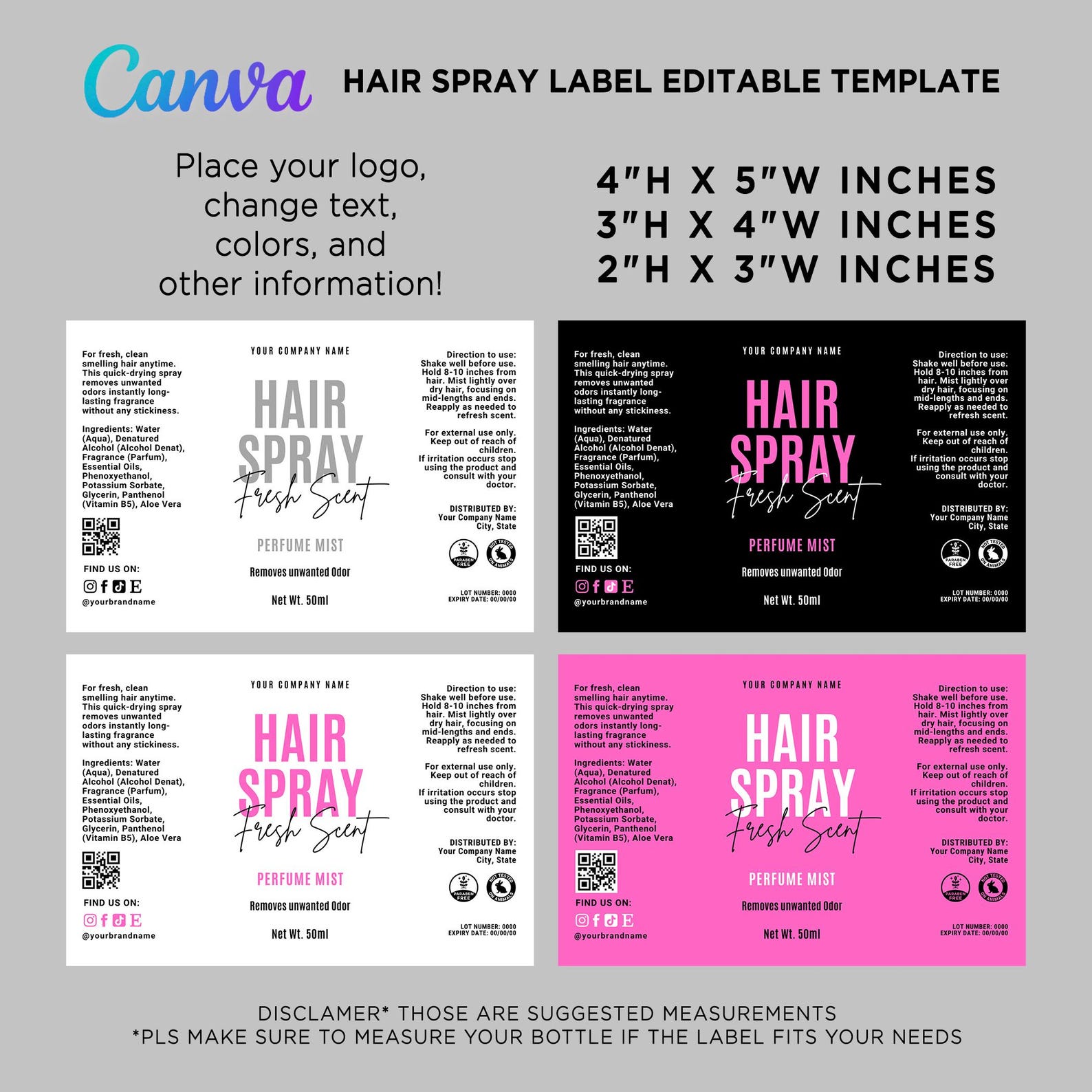 Hair Spray Label Template Canva, Hair Perfume Mist Label Design ...