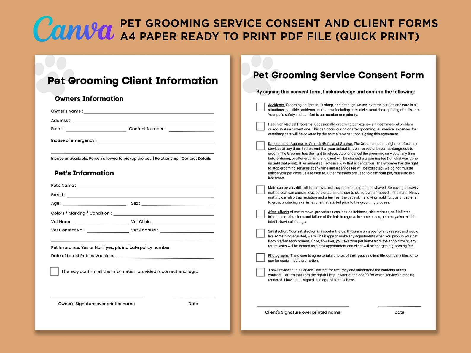 Printable Pet Grooming Business Forms, Pet Grooming Salon Forms, Pet ...