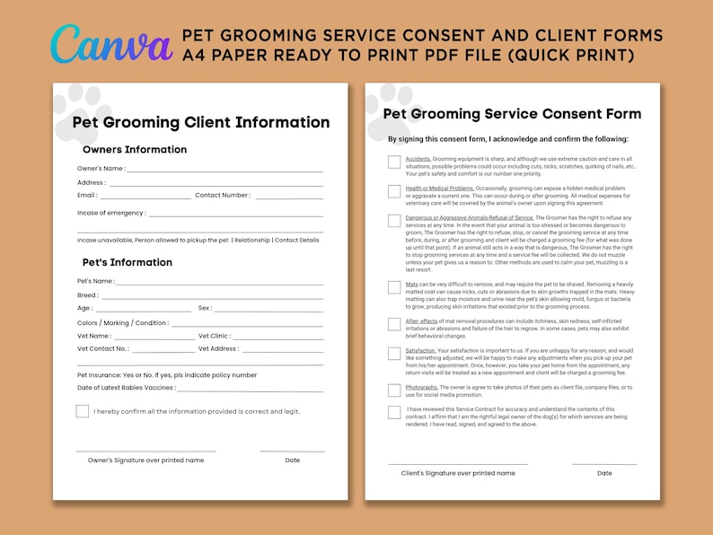 Printable Pet Grooming Business Forms, Pet Grooming Salon Forms, Pet ...