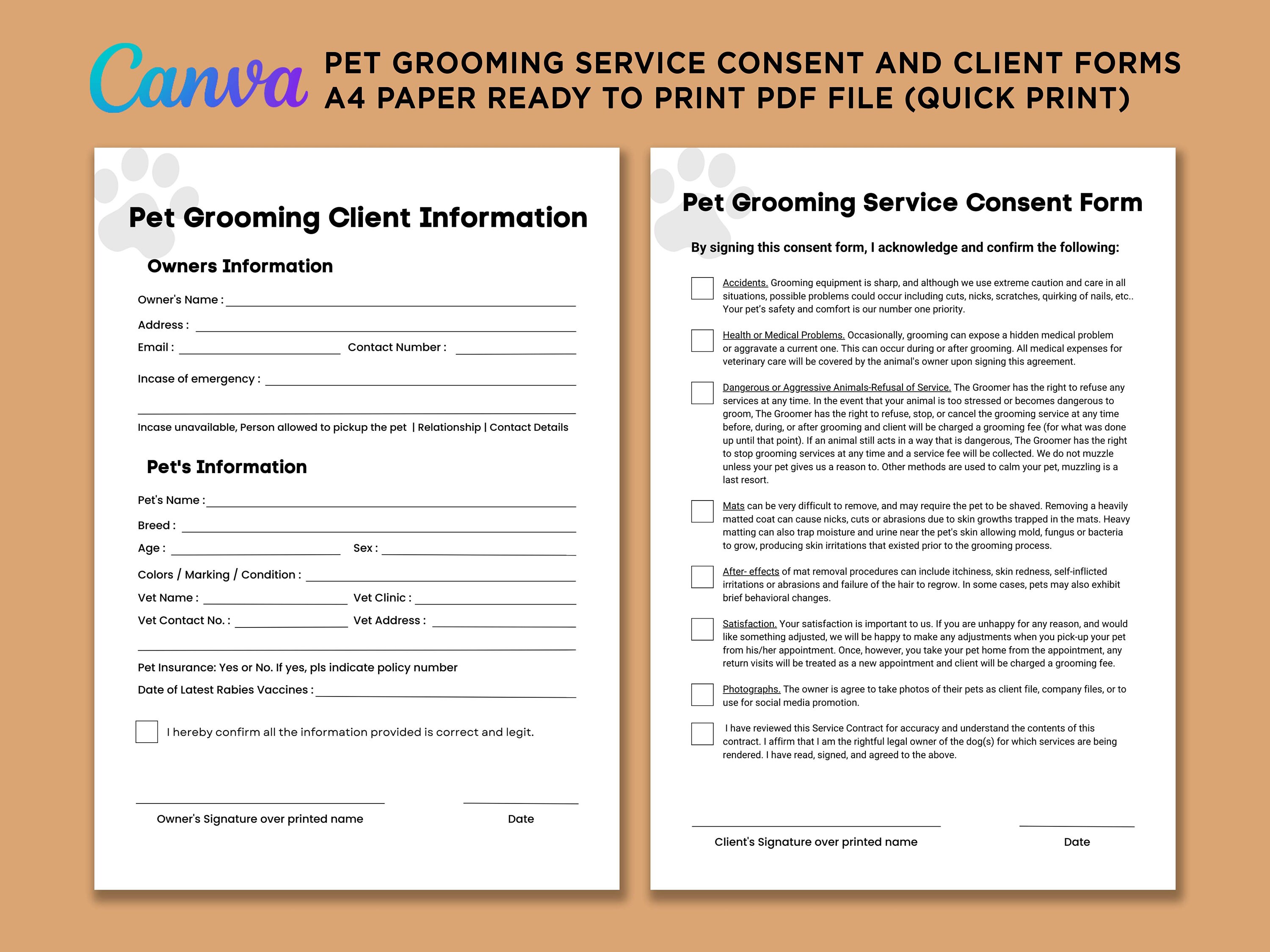 Printable Pet Grooming Business Forms, Pet Grooming Salon Forms, Pet ...