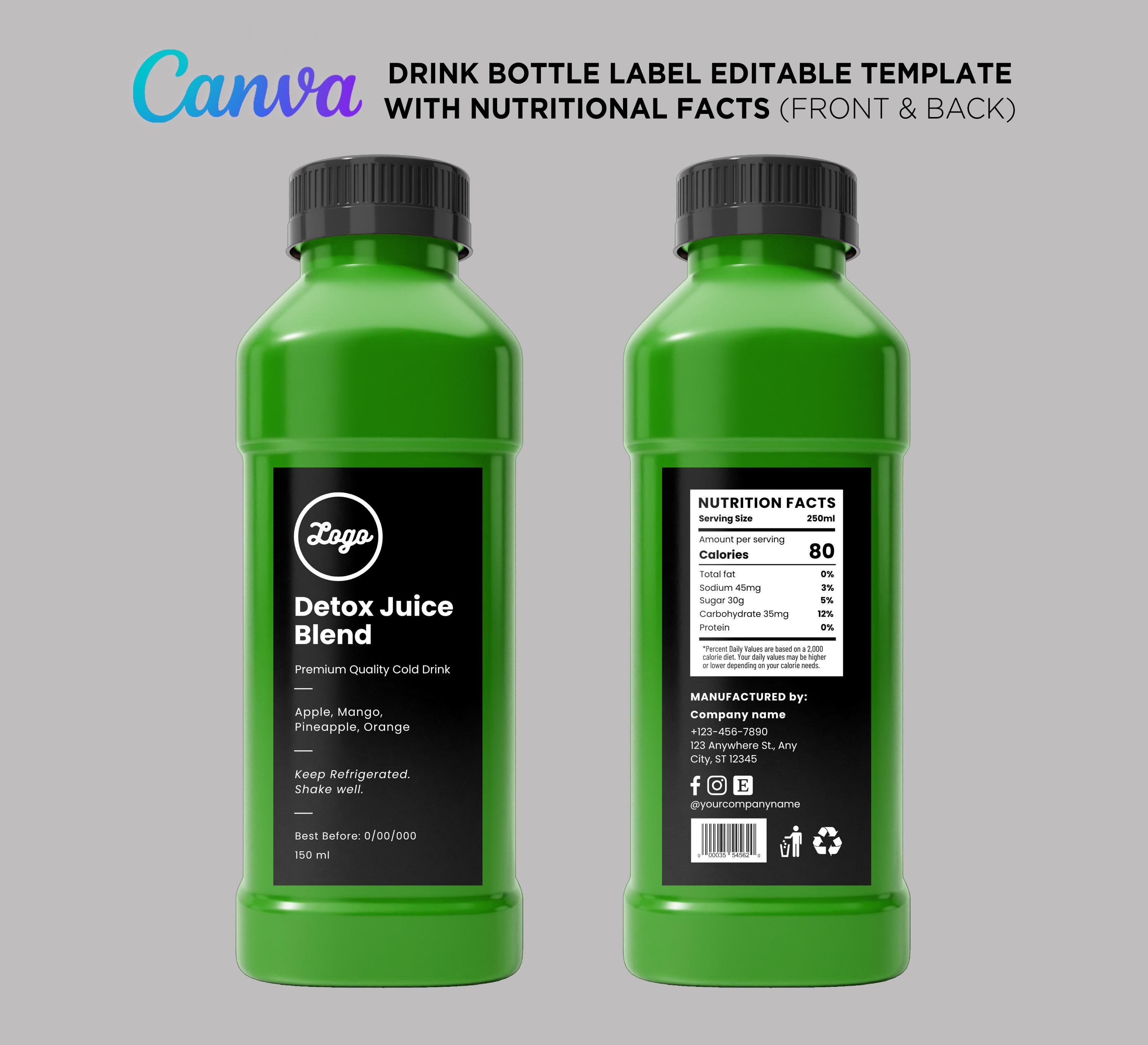 Custom Beverage Bottle Label W/ Nutritional Facts, Drink Label Template ...