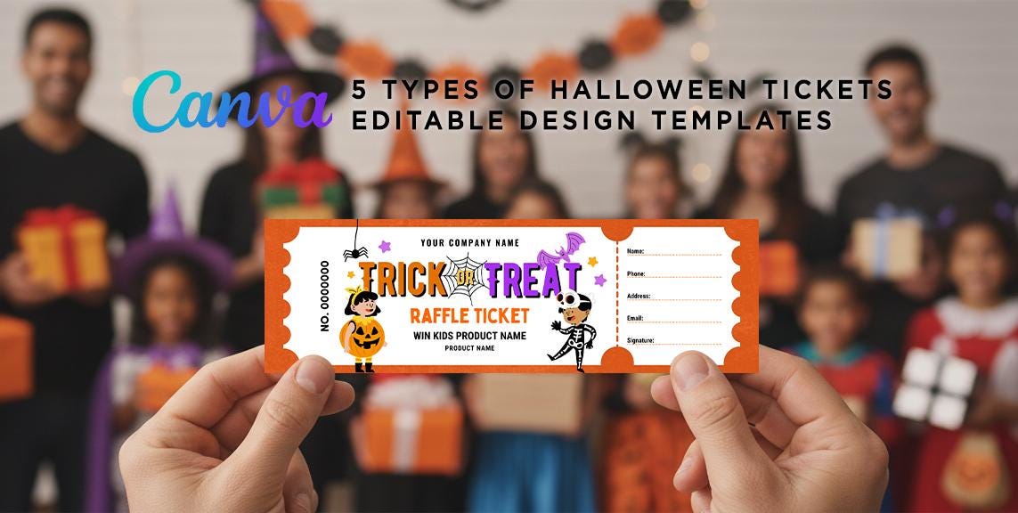 Kids Halloween Event Ticket Bundle Editable Canva, Trick or Treat 5 ...