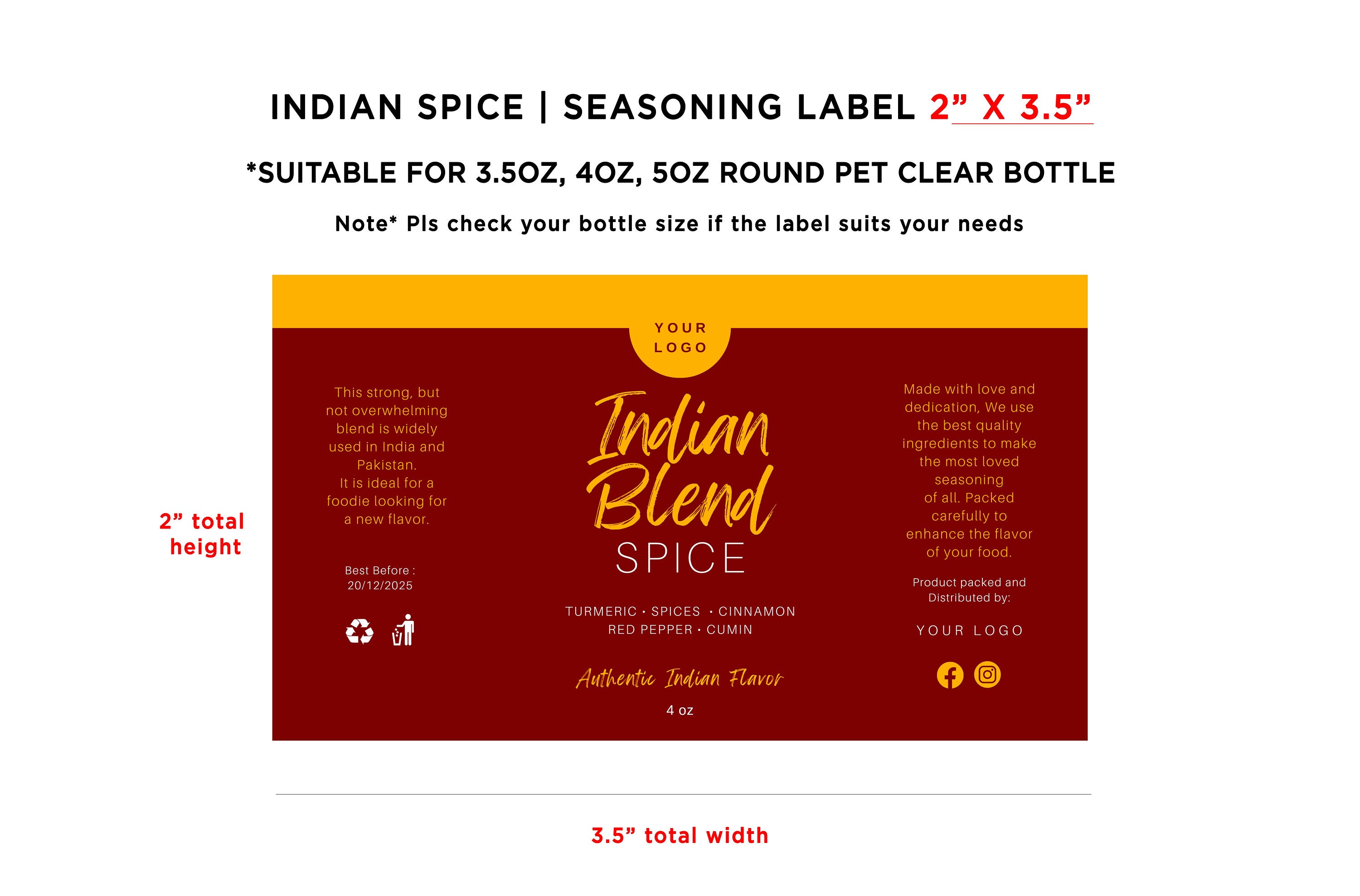 Printable Indian Blend Spice Wrap Label, Indian Seasoning Label, 4oz ...
