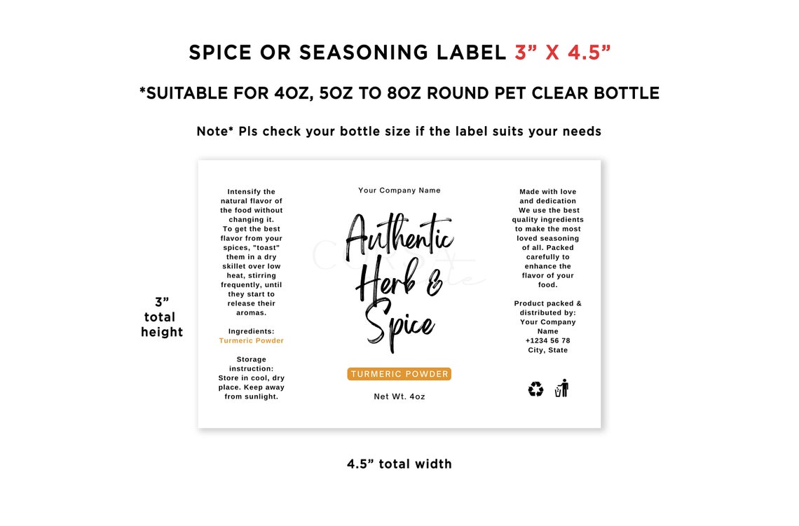 Printable Authentic Herb and Spice Label, Turmeric Powder Labels, Herb ...