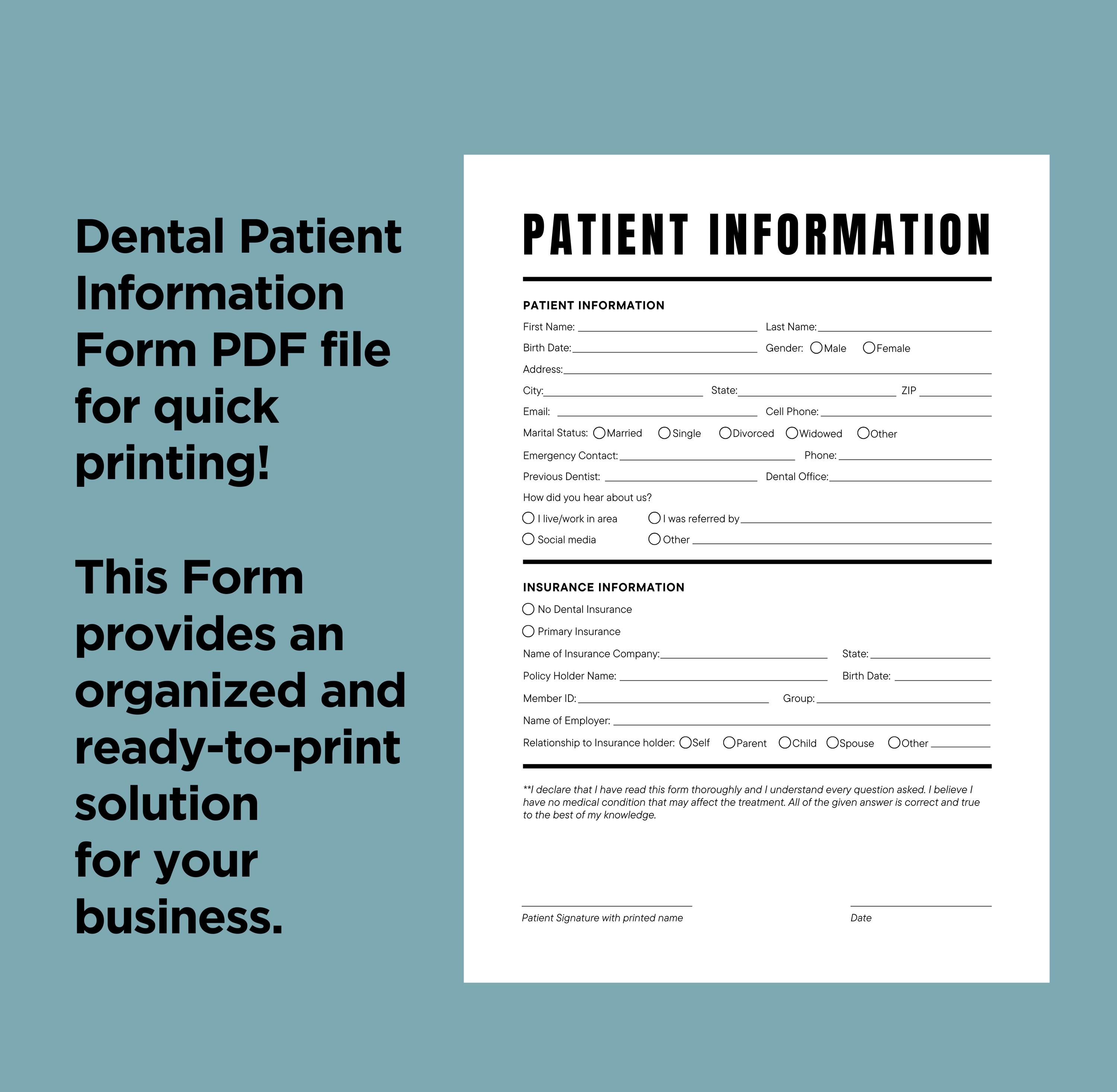 Printable Dental Clinic Patient Information, Dental Office Forms, New ...