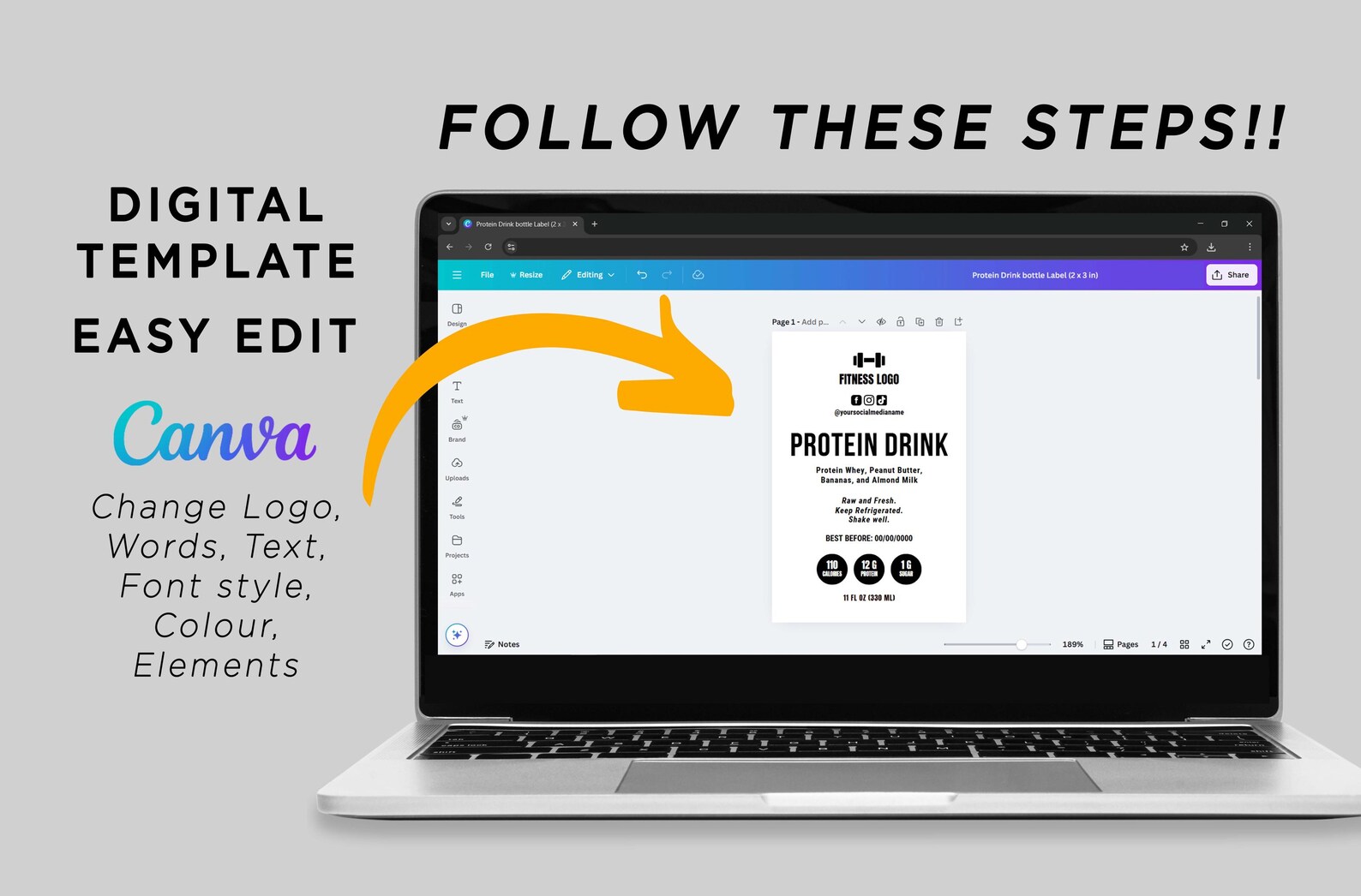 Editable Protein Drink Label Template, Custom Bottle Label for Fitness ...