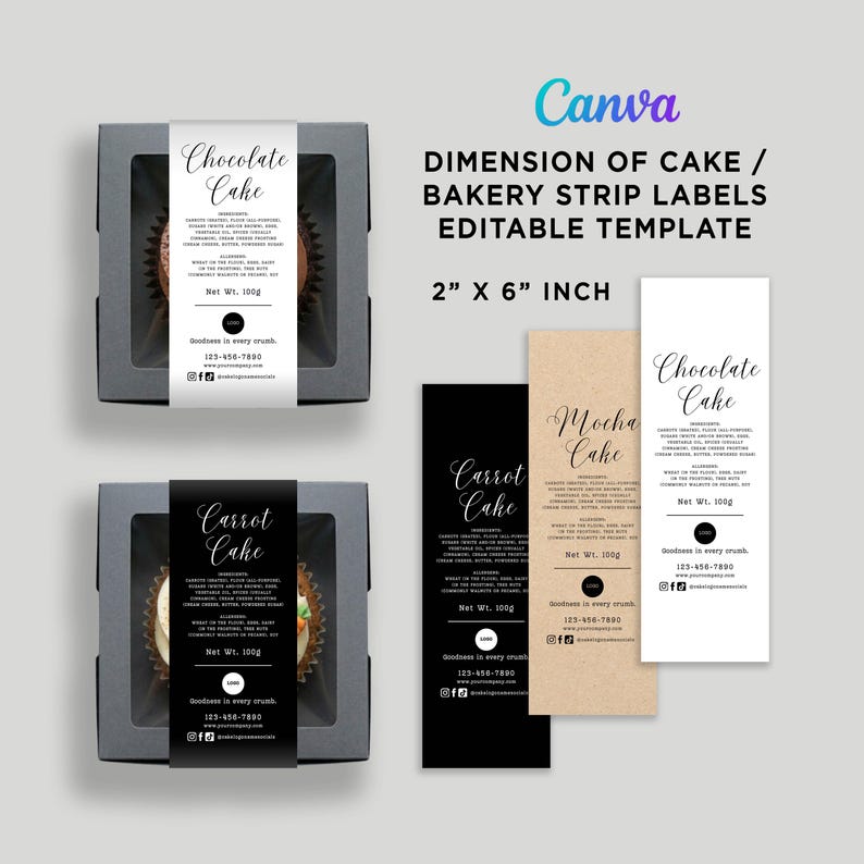 Bakery Cake Strip Labels Canva Template, Editable Cake Packaging Design ...