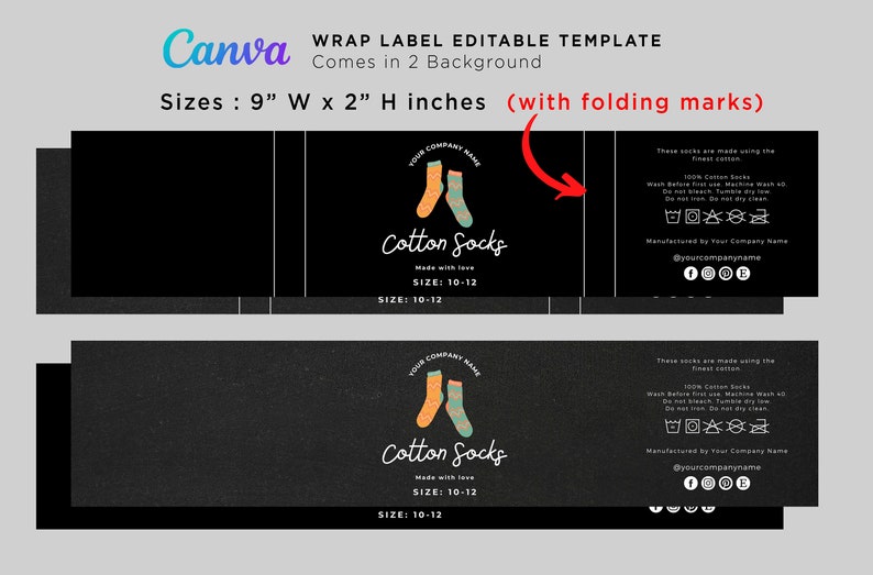 Printable Sock Wrap Labels, Black Cotton Socks Label Designs, Handmade ...