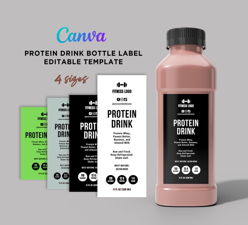 Editable Protein Drink Label Template, Custom Bottle Label for Fitness ...