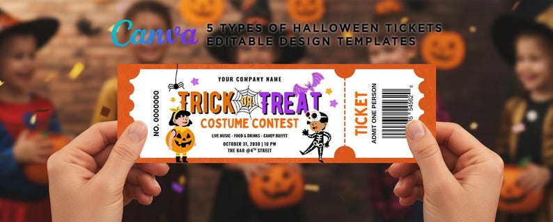 Kids Halloween Event Ticket Bundle Editable Canva, Trick or Treat 5 ...