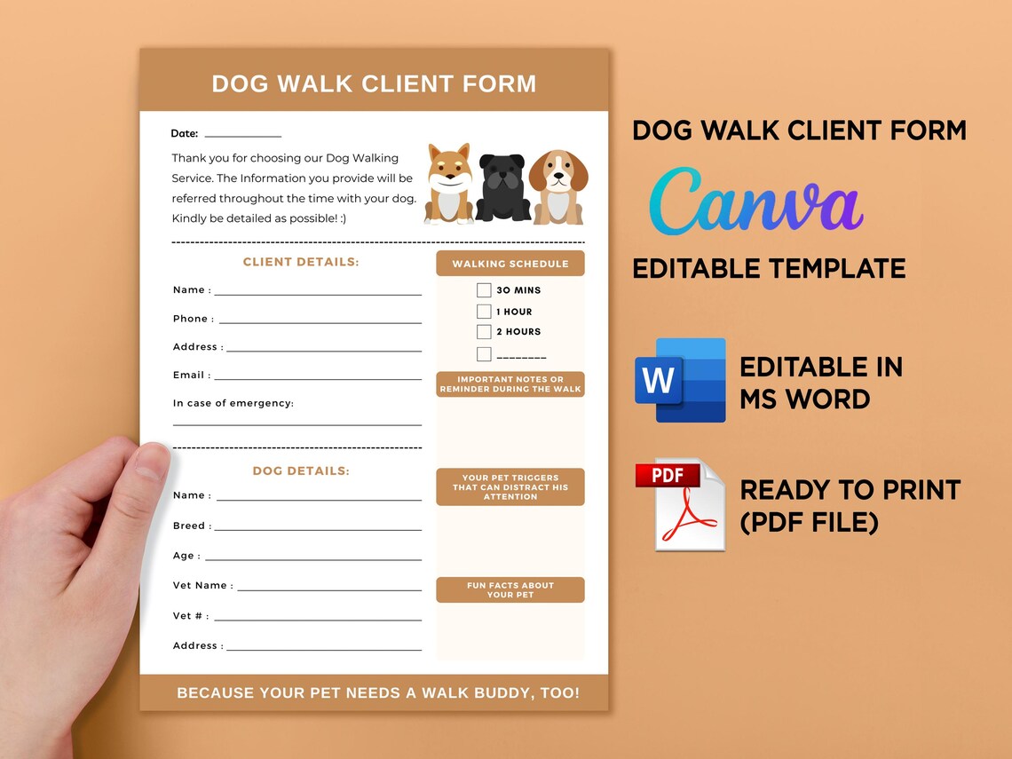 Printable Dog Walk Client Form, Dog Walk Service Dog Information, Dog ...