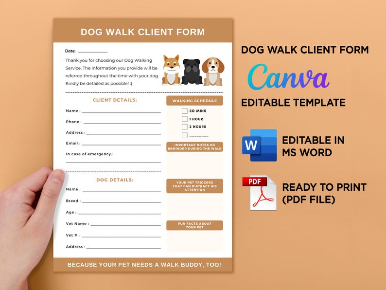Printable Dog Walk Client Form, Dog Walk Service Dog Information, Dog ...