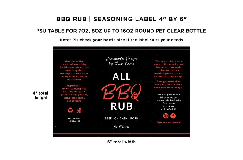 Printable BBQ Rub Wrap Label Sticker BBQ Seasoning 8oz 4oz - Etsy