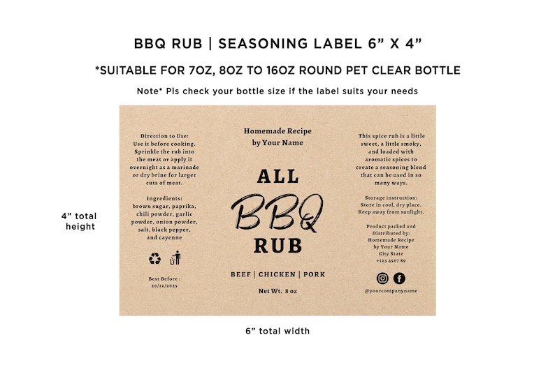 Printable Wrap Label for BBQ Rub Barbeque Seasoning Label - Etsy