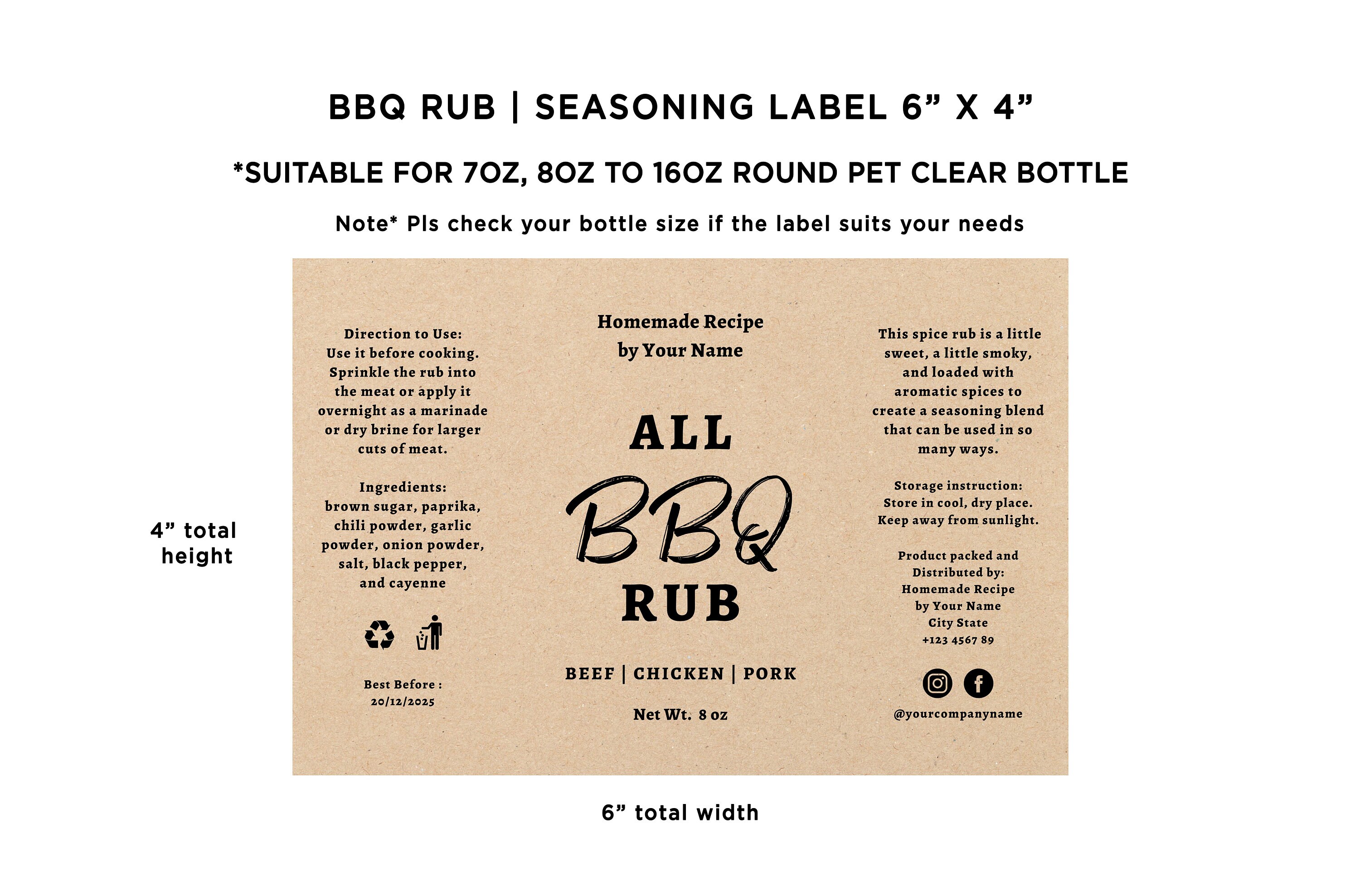 Printable Wrap Label for BBQ Rub, Barbeque Seasoning Label 8oz, 4oz ...