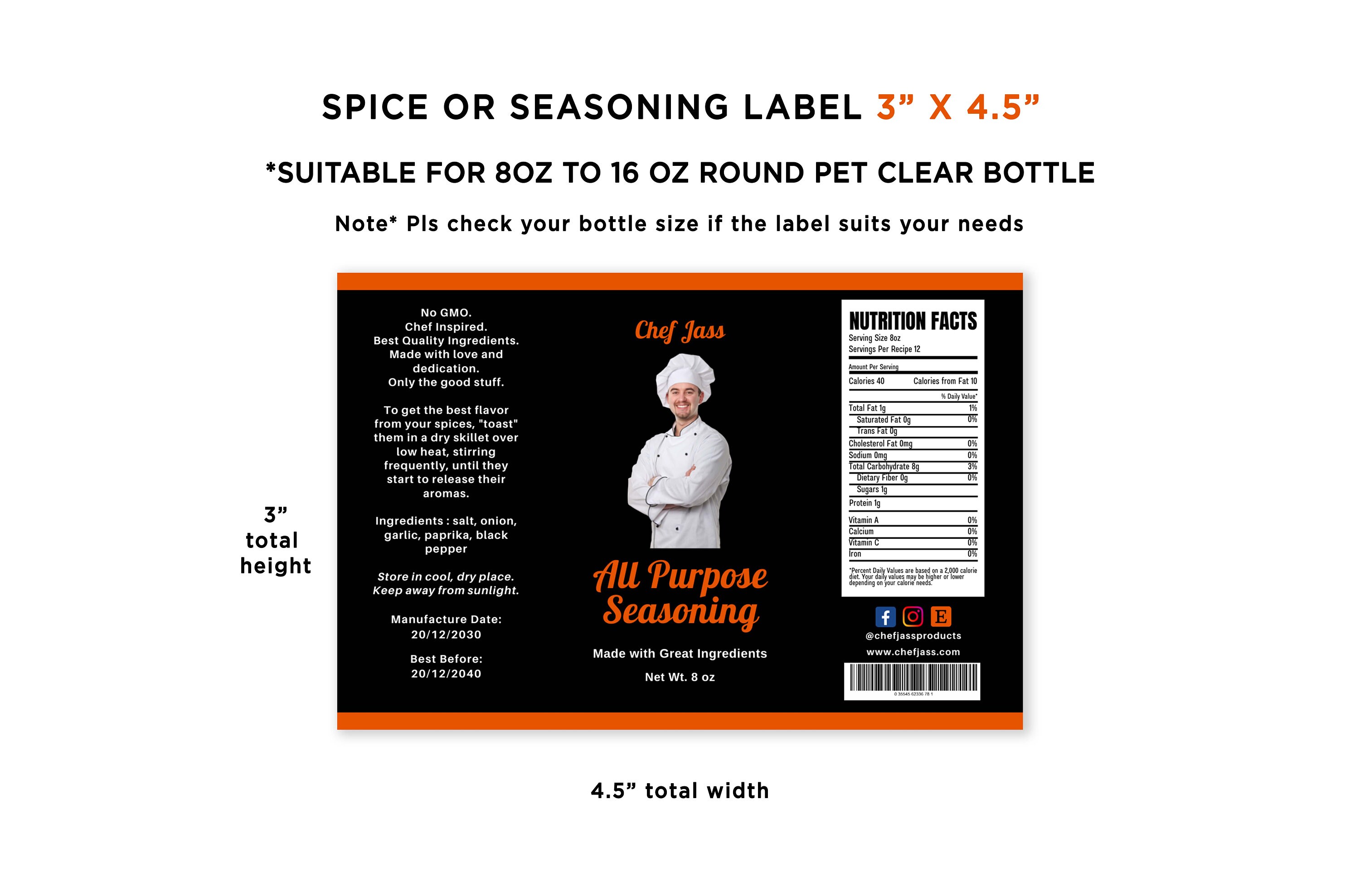Chef Spice Labels, Custom Spice Label, Seasoning Labels, All Purpose ...