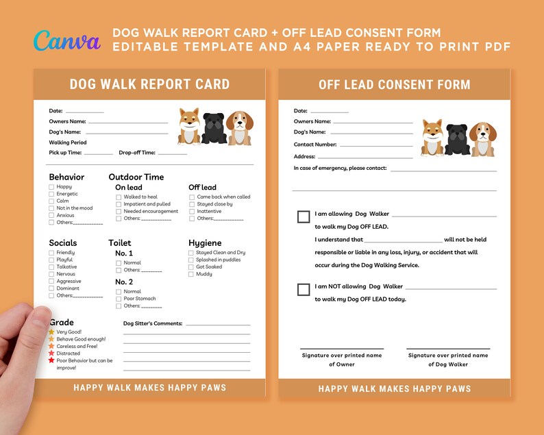Printable Dog Walking Report Card, Dog Walk Service Report Card, Dog ...