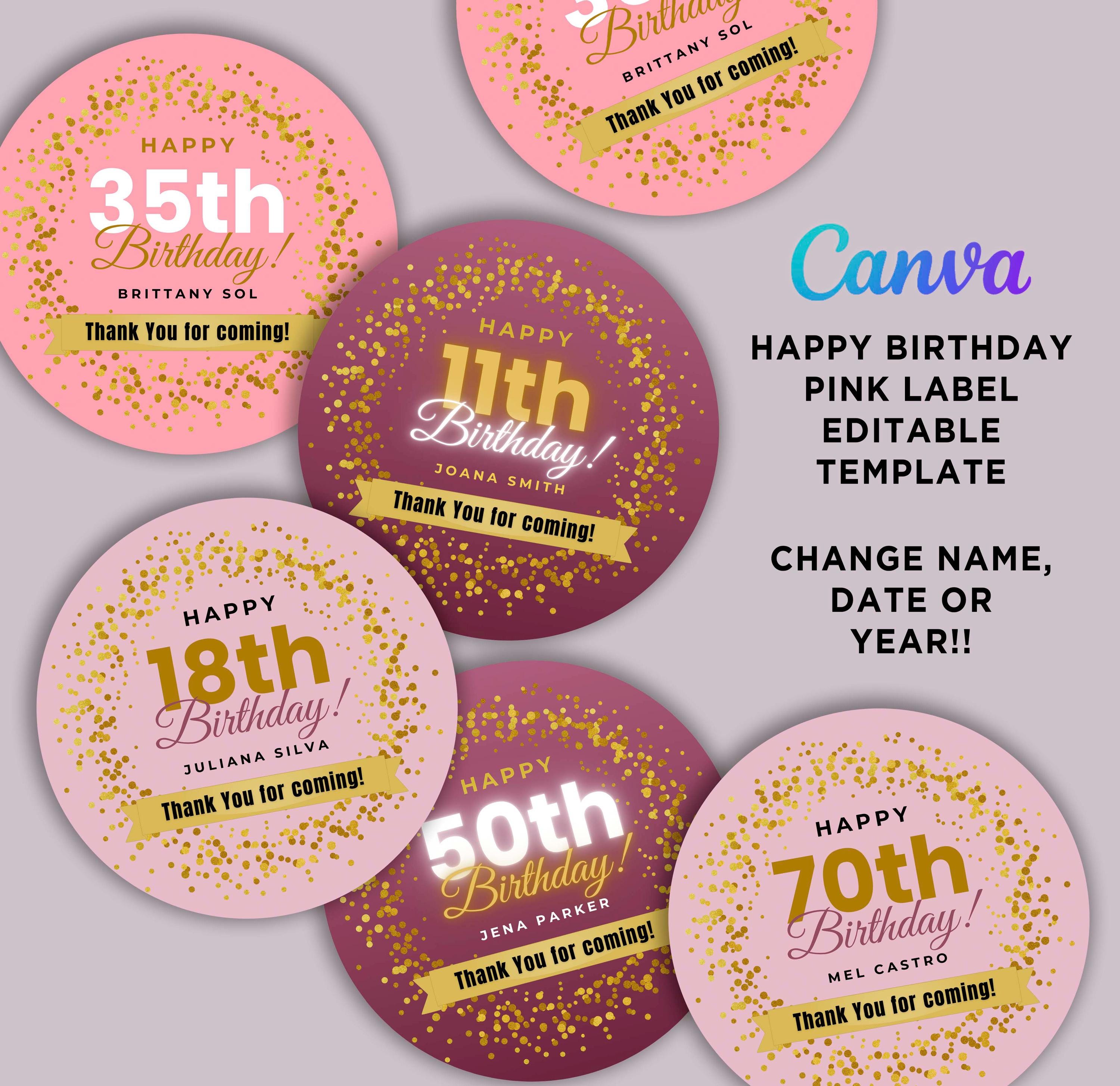 Editable Happy Birthday Stickers Pink and Gold, Gift Round Labels Canva ...