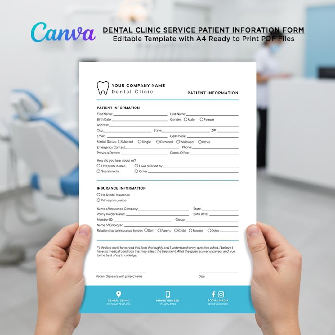 Printable Dental Clinic Patient Information, Dental Office Forms, New ...