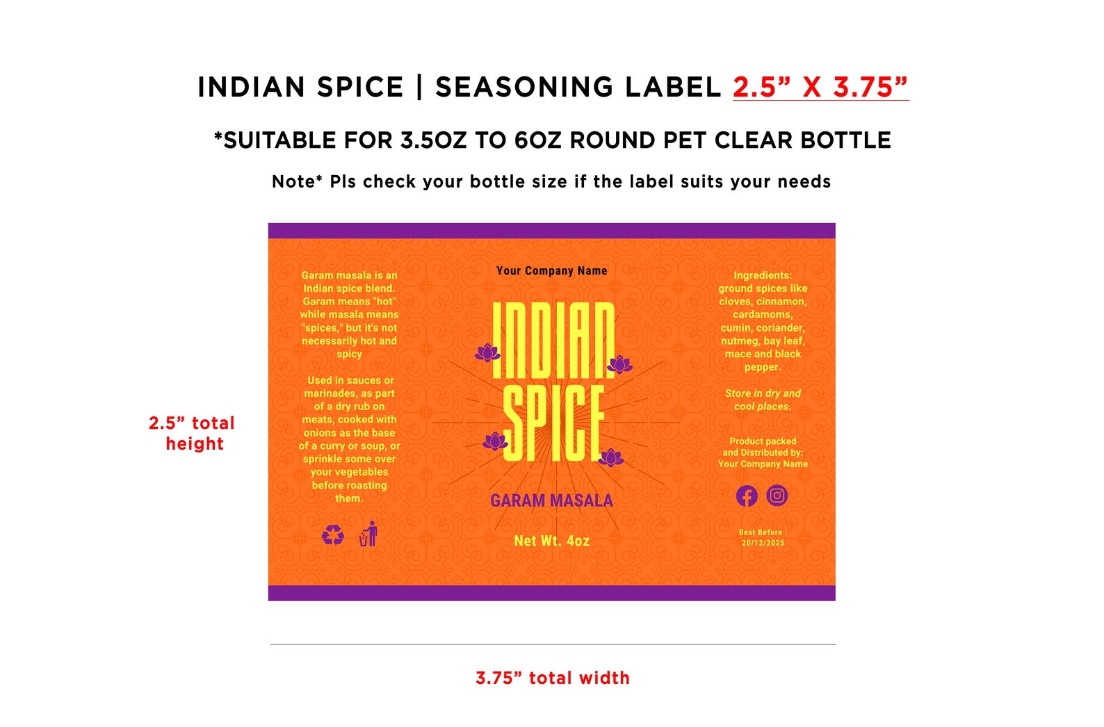 Indian Spice Label, Indian Seasoning Label, Garam Masala Spice, 4oz ...