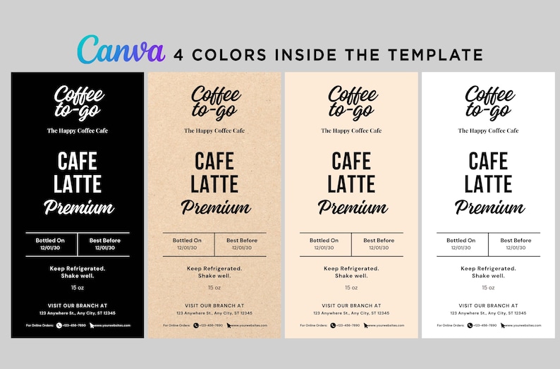Coffee Bottle Labels, Iced Coffee Labels, Cafe Latte Labels, Cold Brew ...