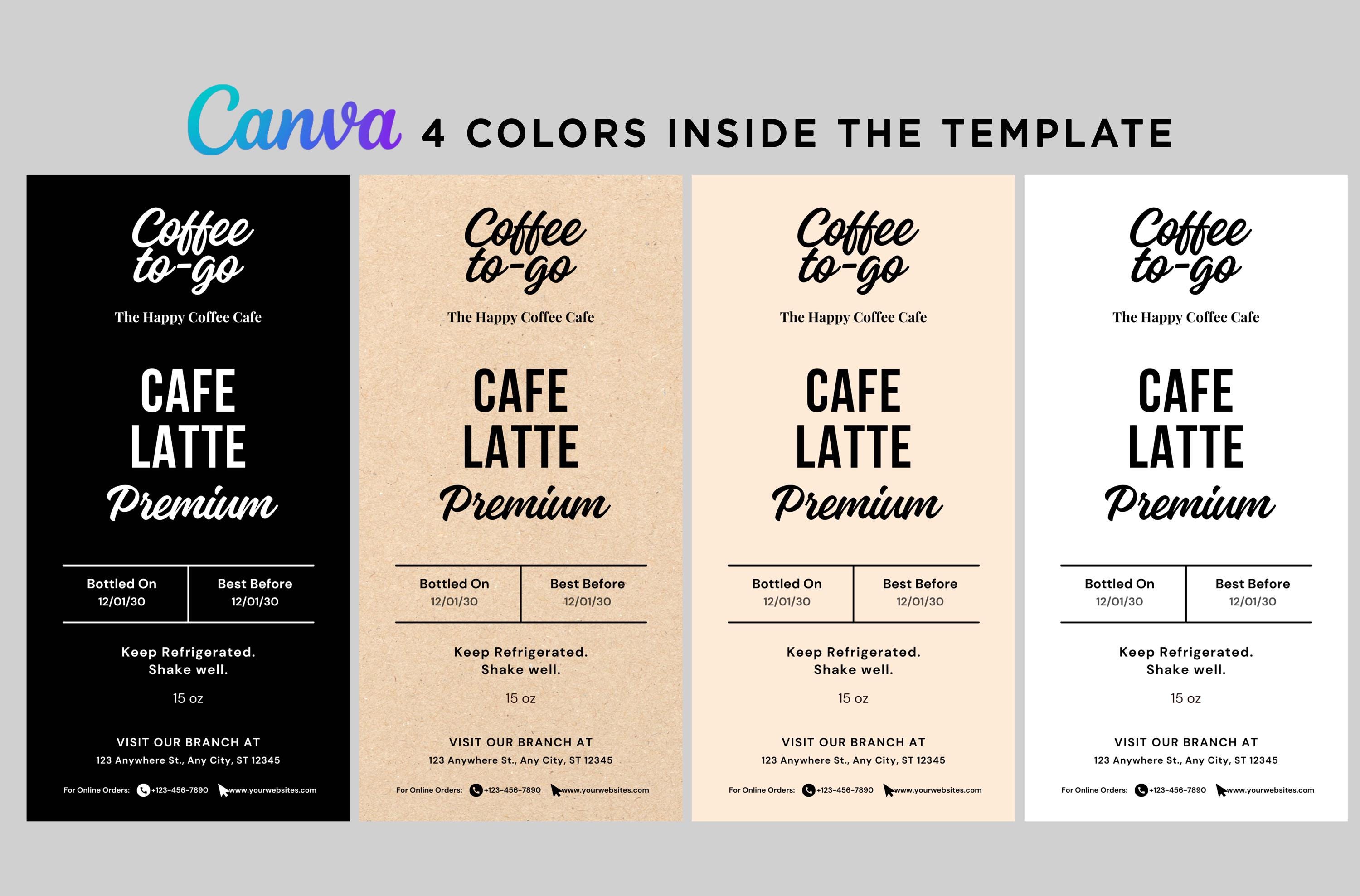 Coffee Bottle Labels, Iced Coffee Labels, Cafe Latte Labels, Cold Brew ...