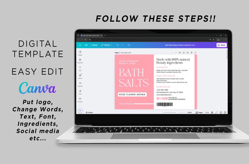 Bath Salts Label Template: Editable Pouch Packaging (canva) - Etsy