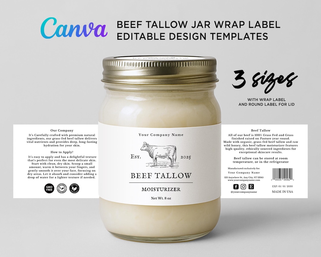 Printable Beef Tallow Labels, Beef Tallow Moisturizer Labels, Beef ...