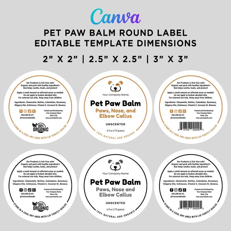 Pet Paw Balm Label Template, Editable Balm Round Sticker for Pets | Dog ...