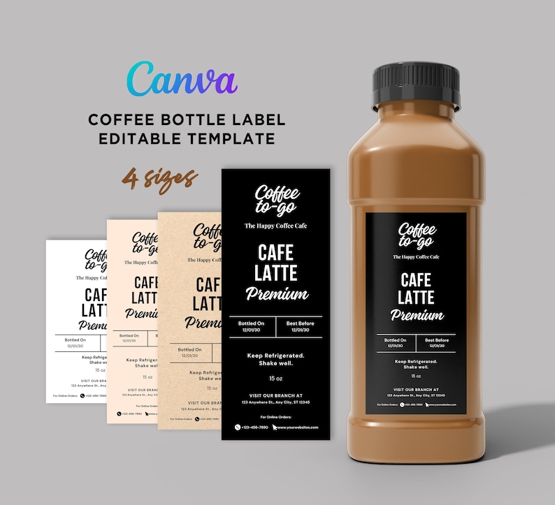 Coffee Bottle Labels, Iced Coffee Labels, Cafe Latte Labels, Cold Brew ...