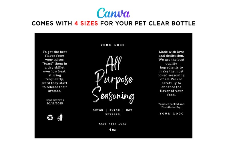 Printable Wrap Label for All Purpose Seasoning. Spice Label 8oz, 4oz ...