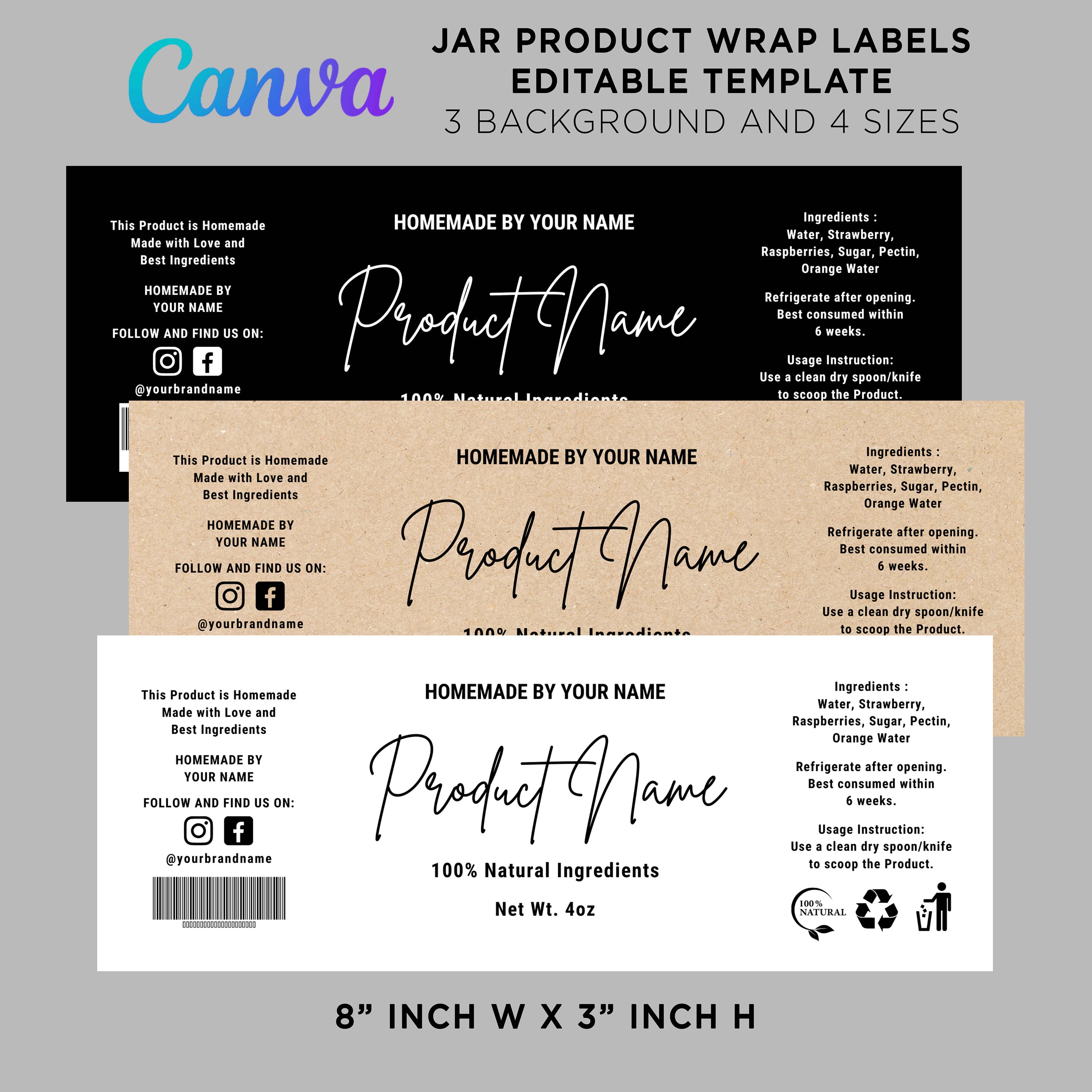 Printable Jar Wrap Around Labels, Mason Jar Labels, Container Jar ...