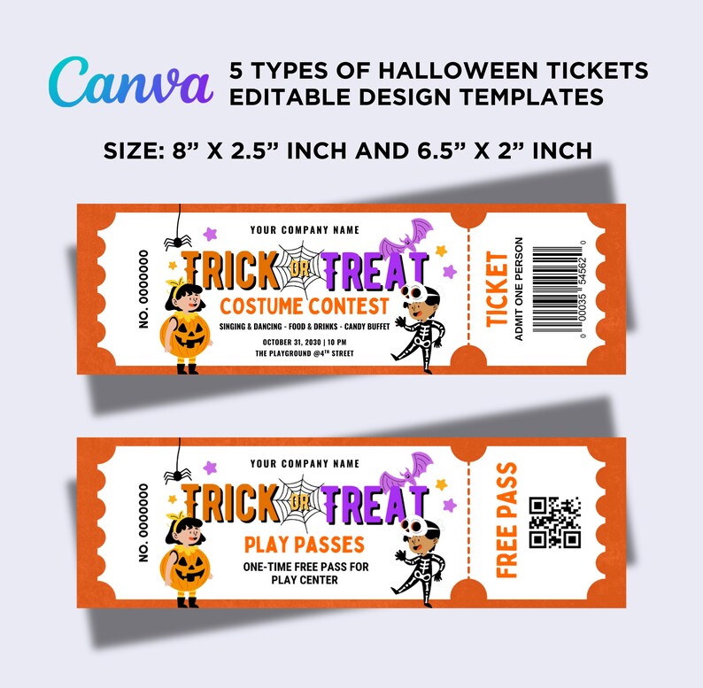 Kids Halloween Event Ticket Bundle Editable Canva, Trick or Treat 5 ...