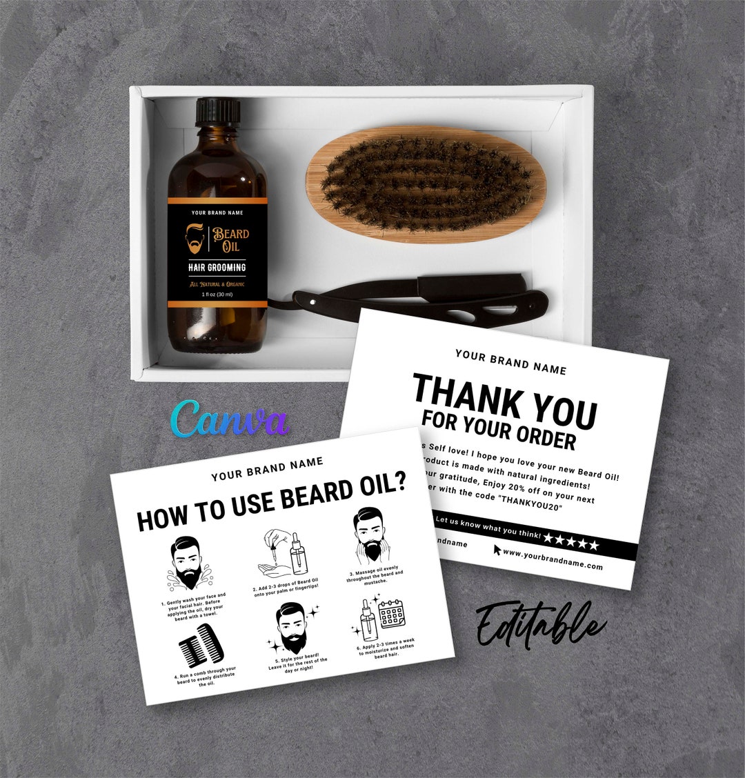 Editable Beard Oil Care Card, Beard Kit Gift Set Card, How to Use Beard ...