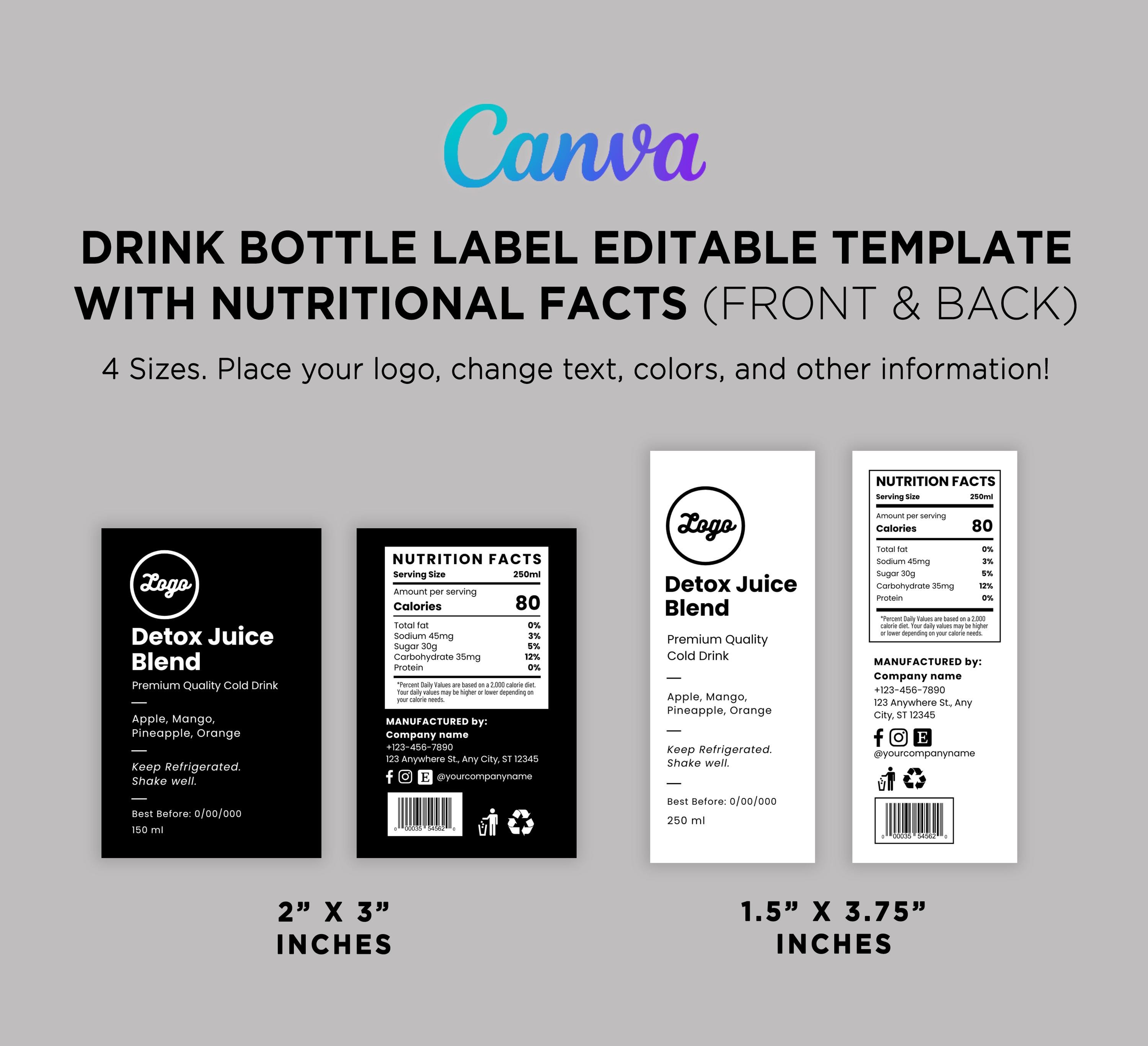 Custom Beverage Bottle Label W/ Nutritional Facts, Drink Label Template ...