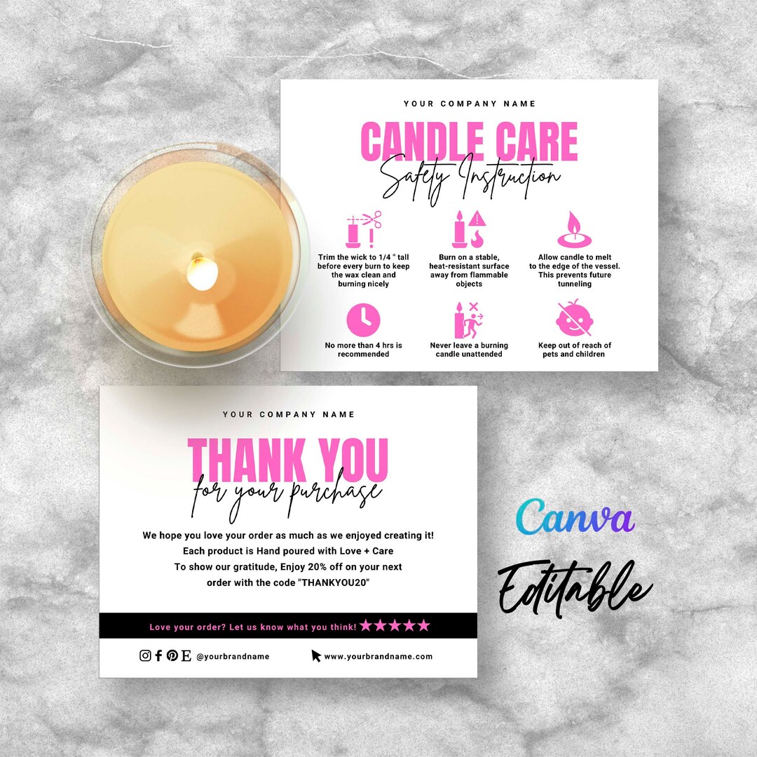 Candle Care Card, Candle Business Cards, Candle Safety Instruction ...