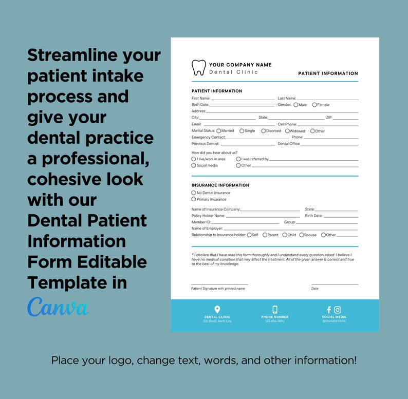 Printable Dental Clinic Patient Information, Dental Office Forms, New ...