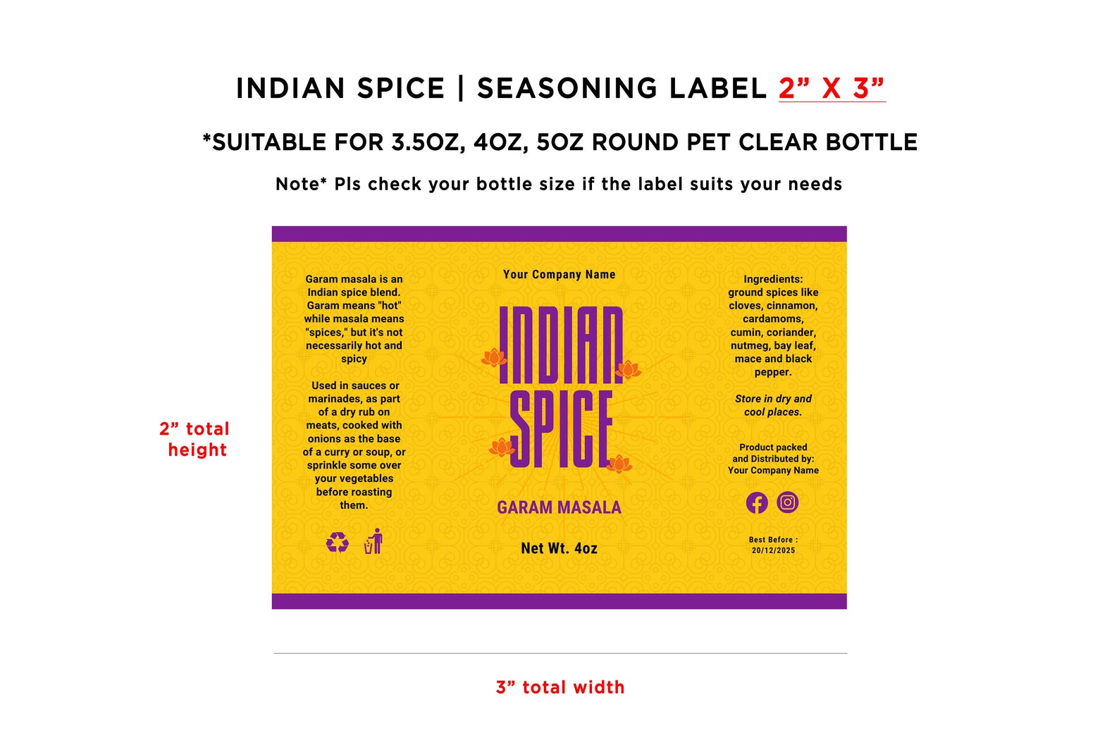 Indian Spice Label, Indian Seasoning Label, Garam Masala Spice, 4oz ...