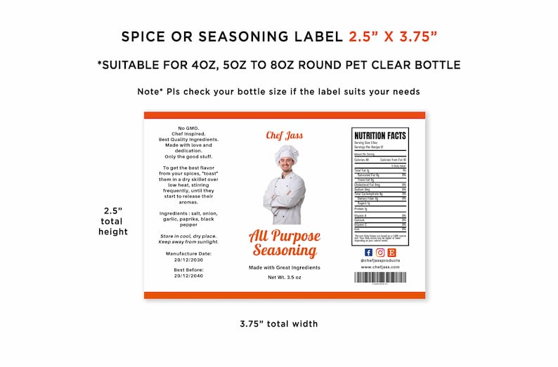 Chef Spice Labels, Custom Spice Label, Seasoning Labels, All Purpose ...