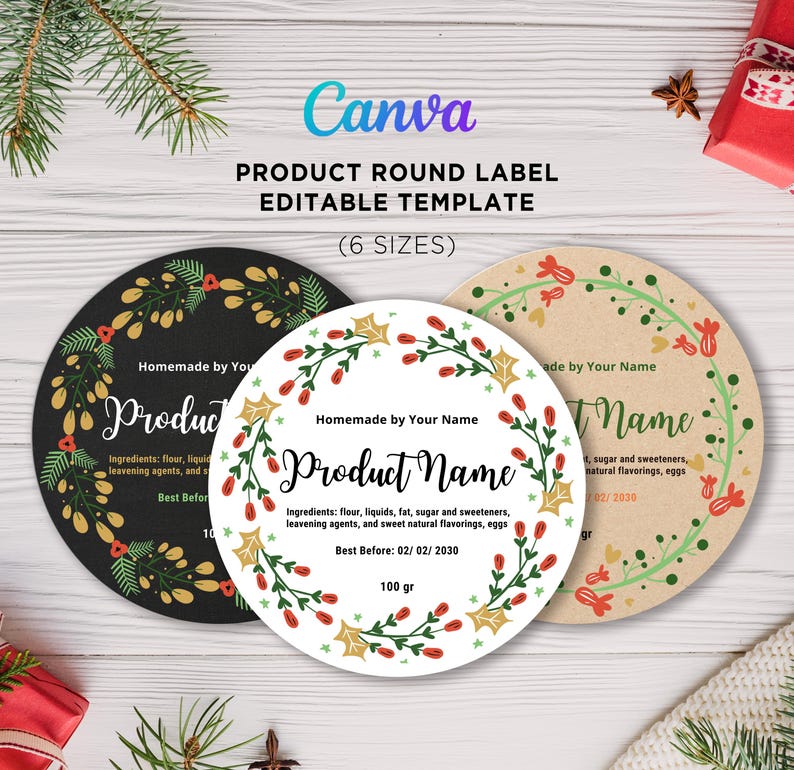 Editable Christmas Round Label Template in Canva, Festival Tags ...