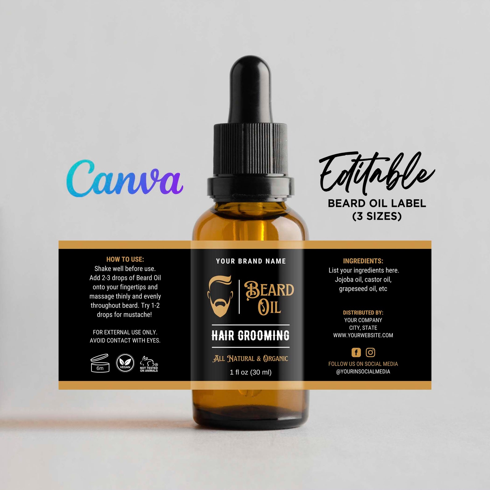 Beard Oil Labels, Beard Oil Dropper Bottle Label, Beard Oil for Men ...