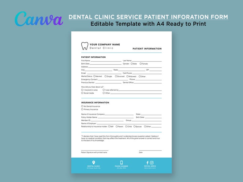 Printable Dental Clinic Patient Information, Dental Office Forms, New ...