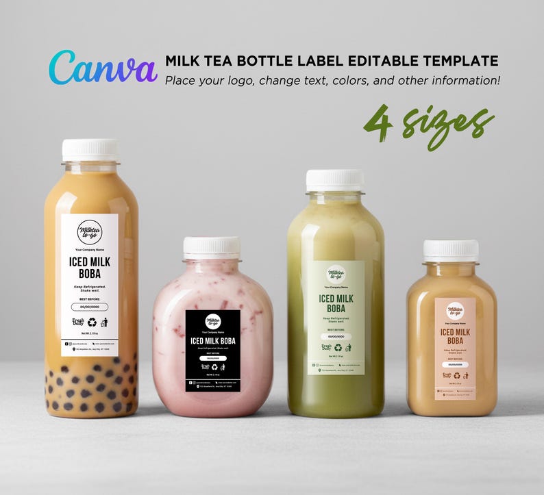 Customizable Milk Tea Bottle Labels: Boba Drink Stickers (canva ...