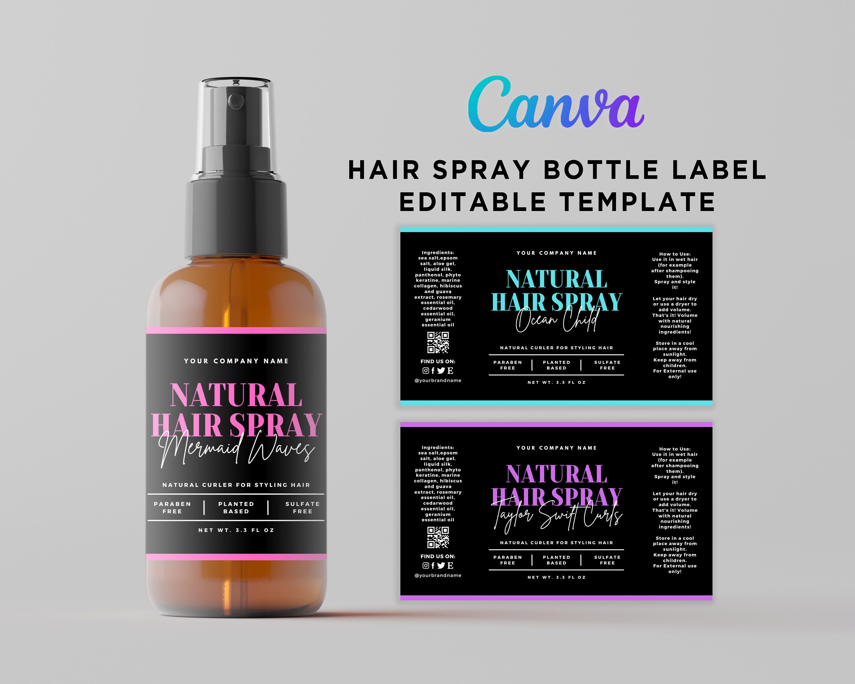 Hair Spray Label Template, Hair Spray Bottle Design, Hair Curl Spray ...