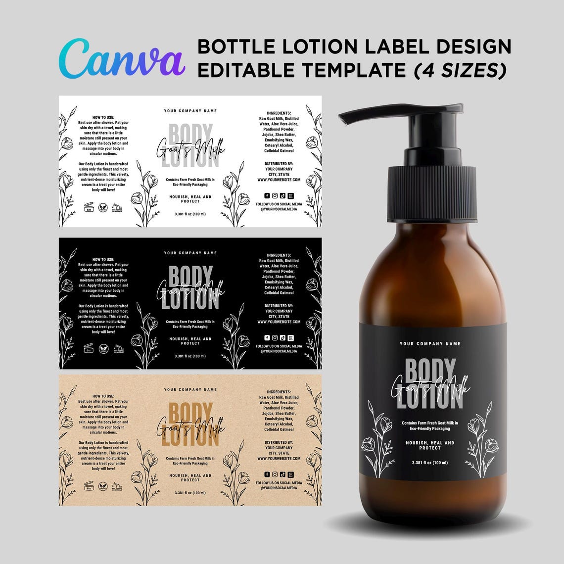 Editable Body Lotion Label Template Canva - DIY Goat's Milk Skincare ...