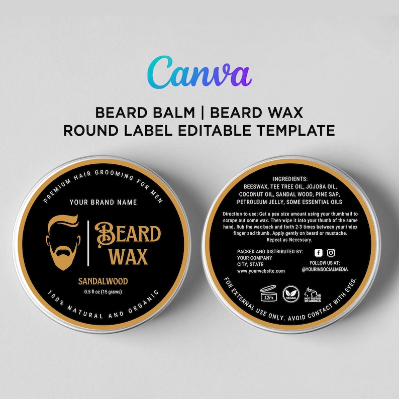 Printable Beard Wax Label, Beard Balm Round Label, Men Care Label ...