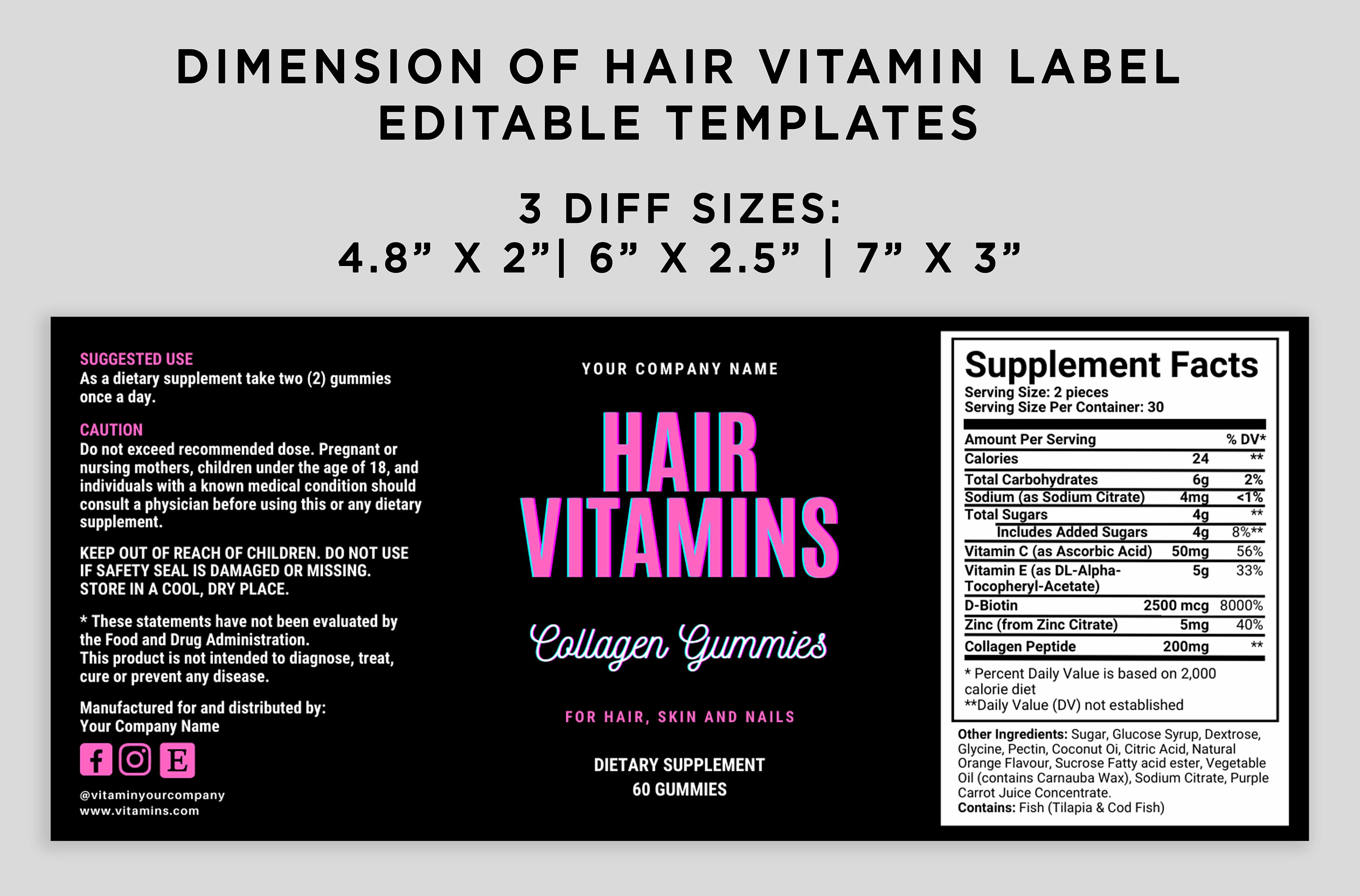 Labels for Hair Vitamins, Collagen Gummies Label, Hair Supplement ...