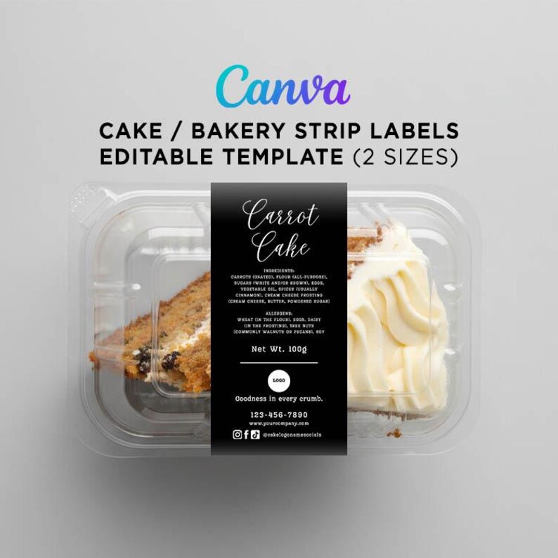 Bakery Cake Strip Labels Canva Template, Editable Cake Packaging Design ...